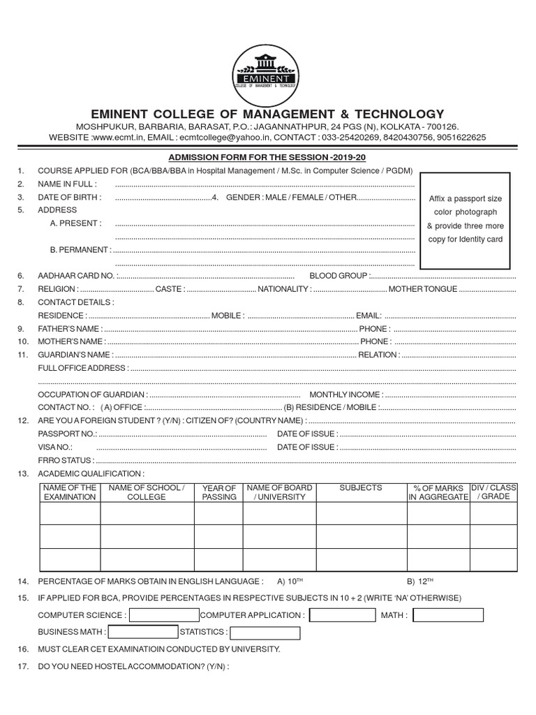 Ecmt Admission Form 2019-20 | PDF | University And College Admission ...
