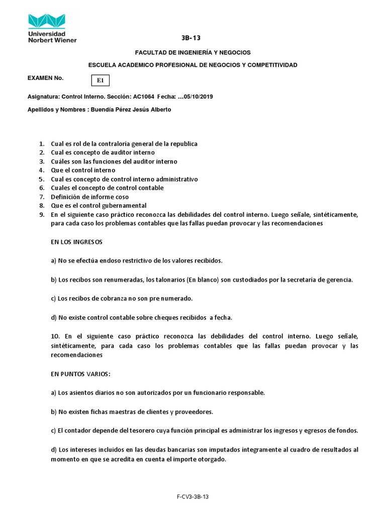 Practica 1 Control Interno 2019 II | Descargar gratis PDF | Contabilidad | Administración Pública
