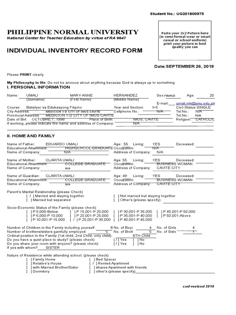 Philippine Normal University: Individual Inventory Record Form | PDF