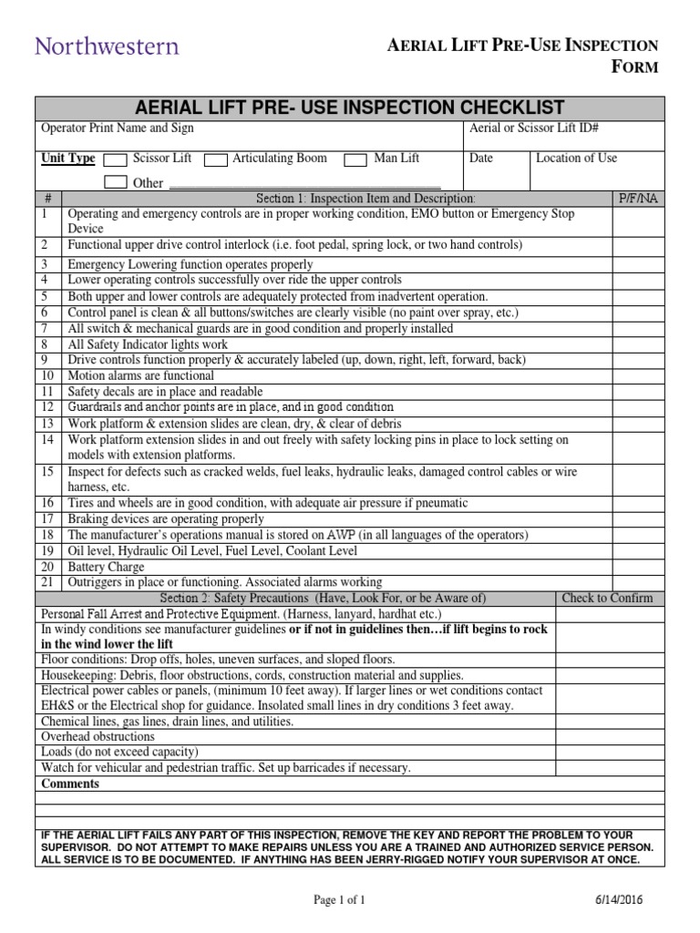 Aerial Lift Pre Use Inspection Checklist | PDF | Elevator | Mechanical ...