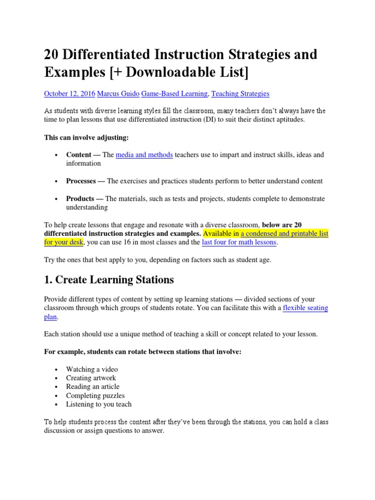 20 Differentiated Instruction Strategies | PDF | Differentiated ...
