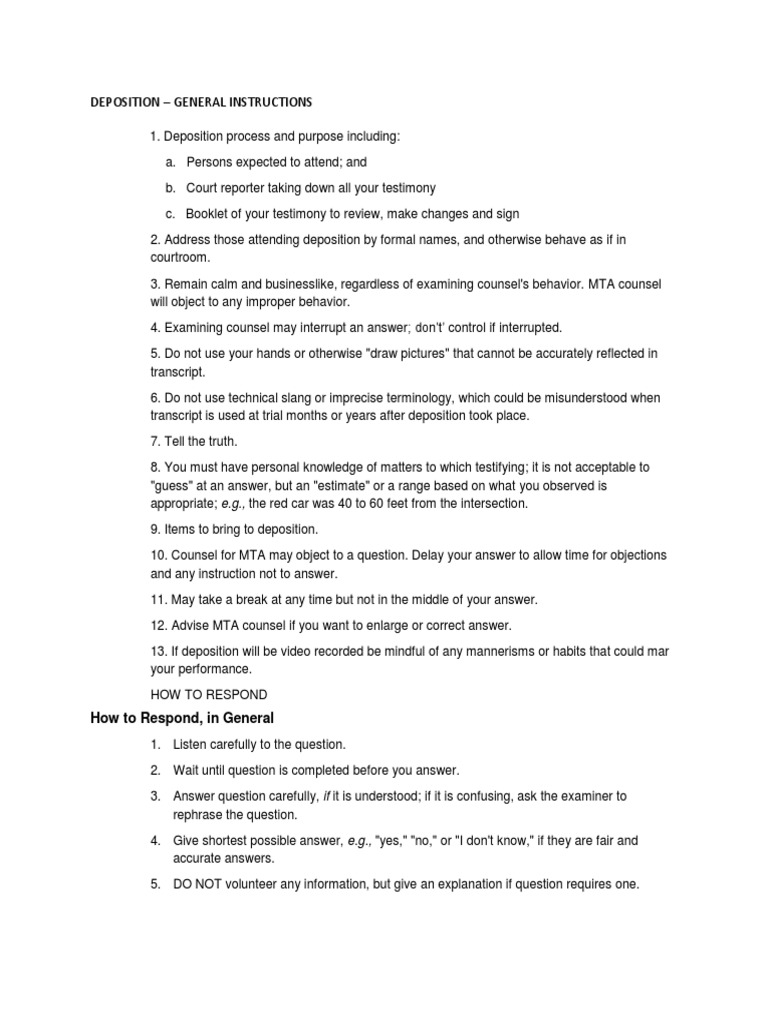 Deposition - General Instructions: How To Respond, in General | PDF ...