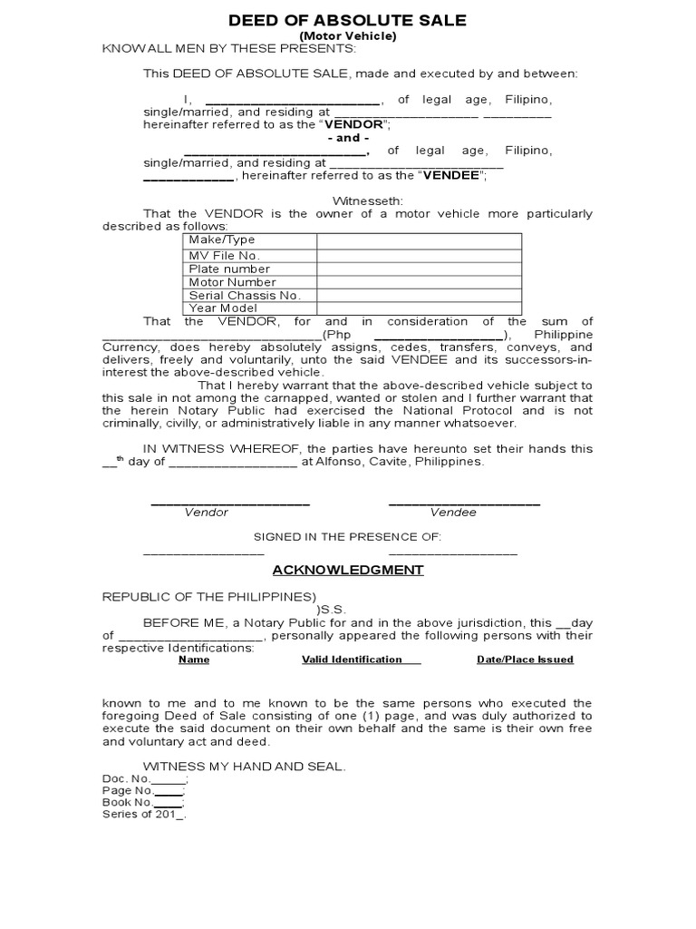 Deed of Absolute Sale Motor BLANK | PDF | Common Law | Government ...