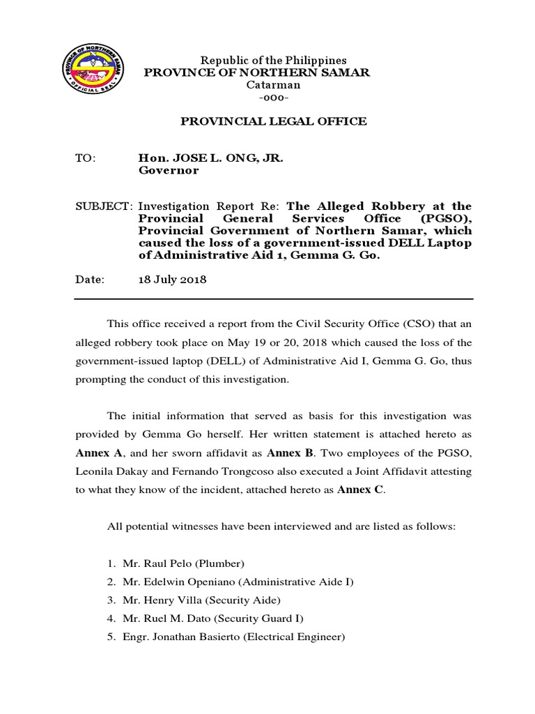 Investigation Report - PGSO | PDF | Security Guard | Government