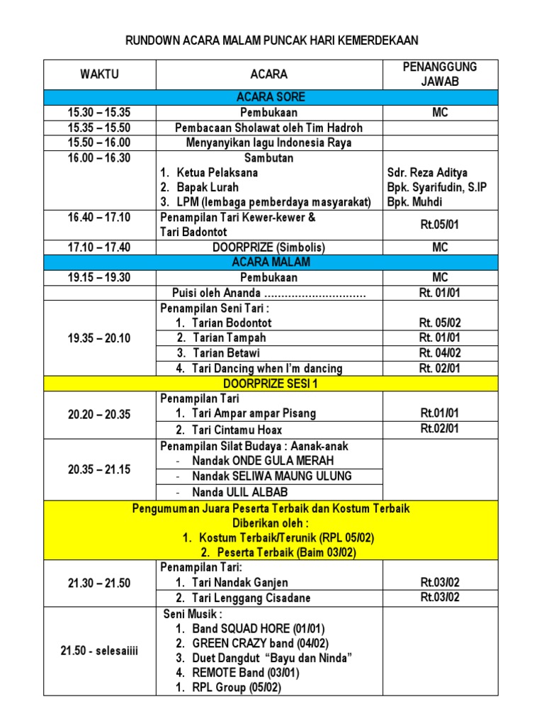 Rundown Acara Malam Puncak Hari Kemerdekaan | PDF