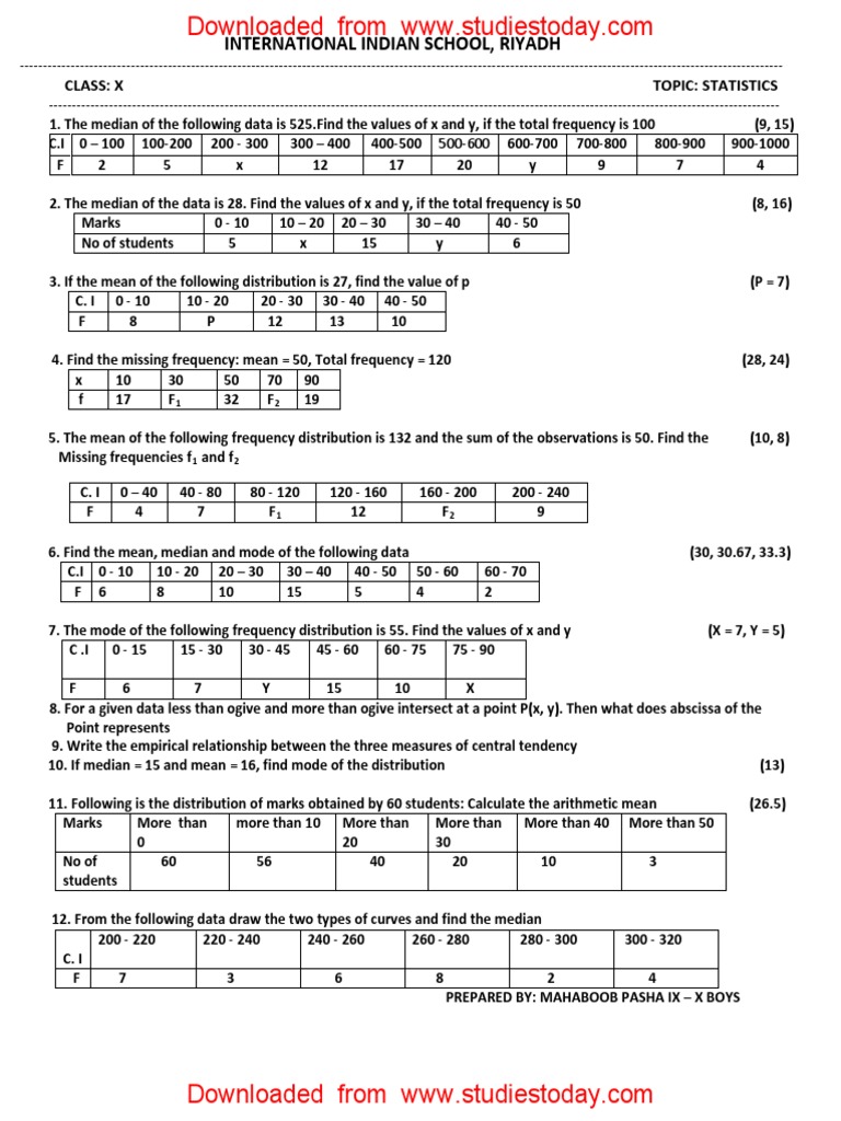 CBSE Class 10 Maths Worksheet - Statistics | PDF | Arithmetic Mean | Median