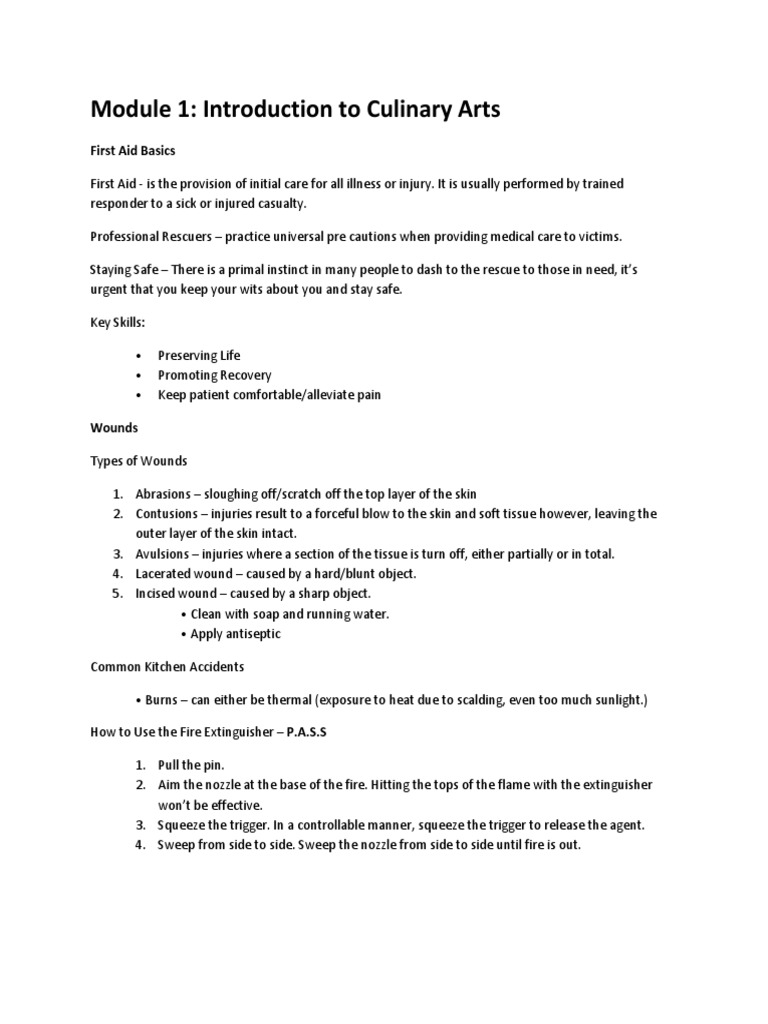 Module 1: Introduction To Culinary Arts: First Aid Basics | PDF | Food ...