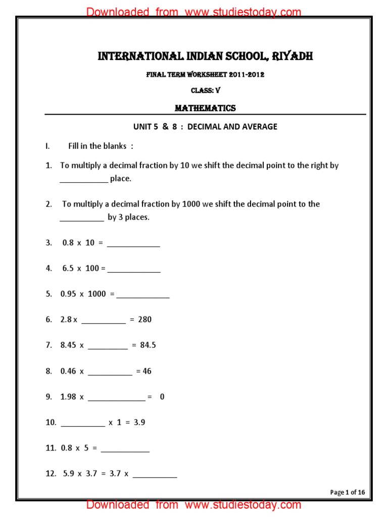 CBSE Class 5 Mathematics Worksheet - Decimal and Average | PDF ...