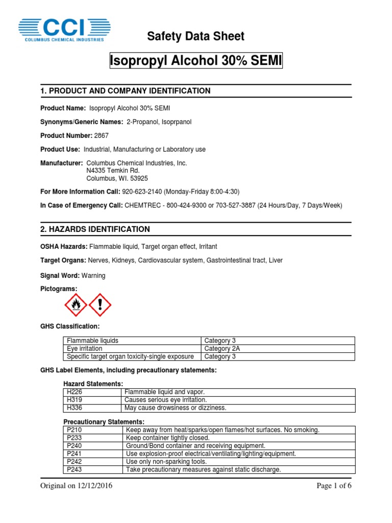 Isopropyl Alcohol 30% SEMI: Safety Data Sheet | PDF | Firefighting | Safety