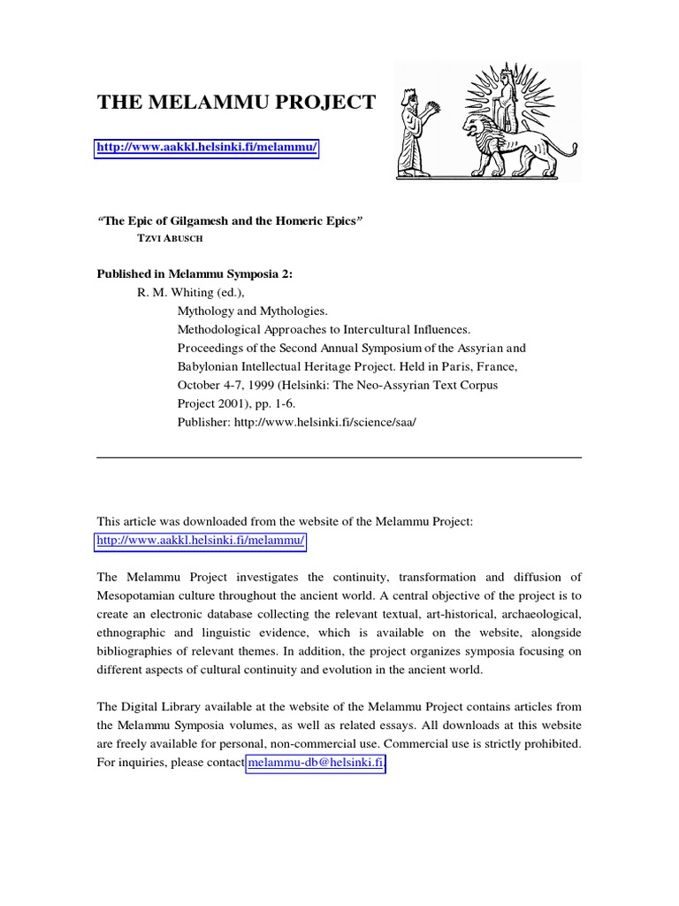 The Melammu Project: Ðthe Epic of Gilgamesh and The Homeric Epicsñ ...