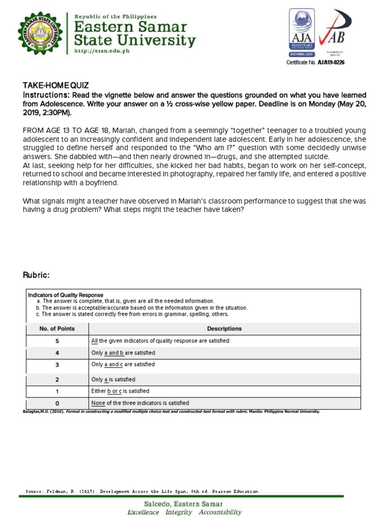 Take-Home Quiz Instructions: Read The Vignette Below and Answer The ...