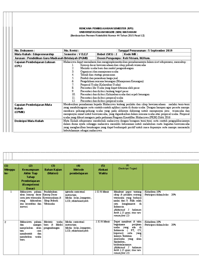 RPS Mata Kuliah Edupreneur Untuk Universitas | PDF