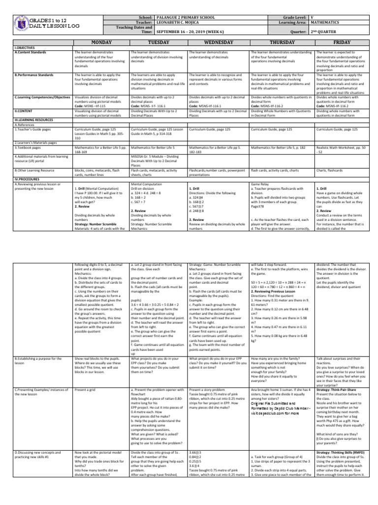 DLL Mathematics 5 q2 w6 | PDF | Division (Mathematics) | Fraction (Mathematics)