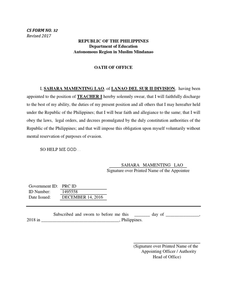 Teacher's Oath of Office Sample | PDF