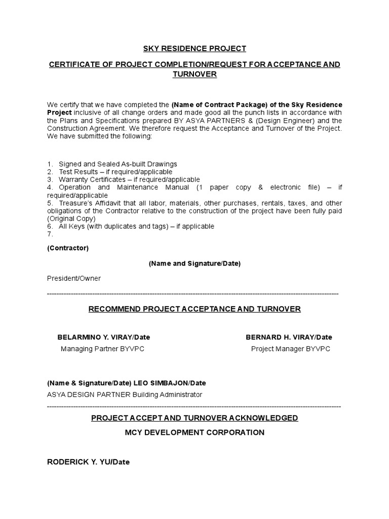 Sky Residence Project Certificate of Project Completion/Request For ...