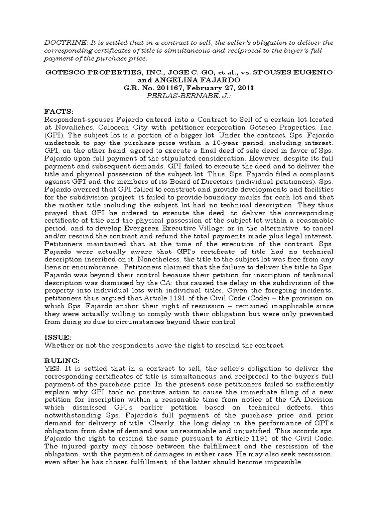 Gotesco Properties, Inc., Jose C. Go, Et Al., vs. Spouses Eugenio and ...