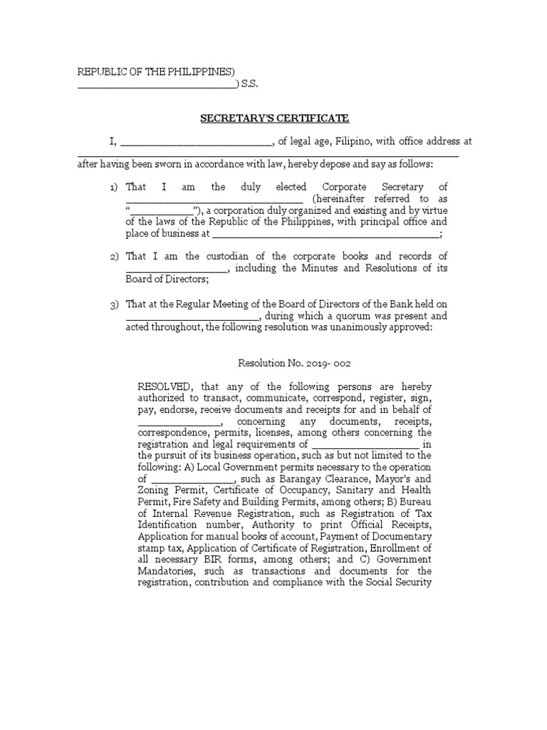 Sample Secretary Certificate For Application of Business Requirements ...
