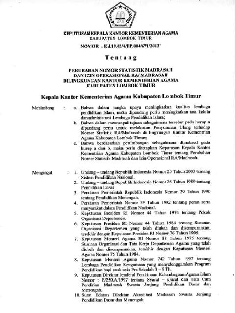 Perubahan NSM Dan Ijin Oprasional Madrasah | PDF