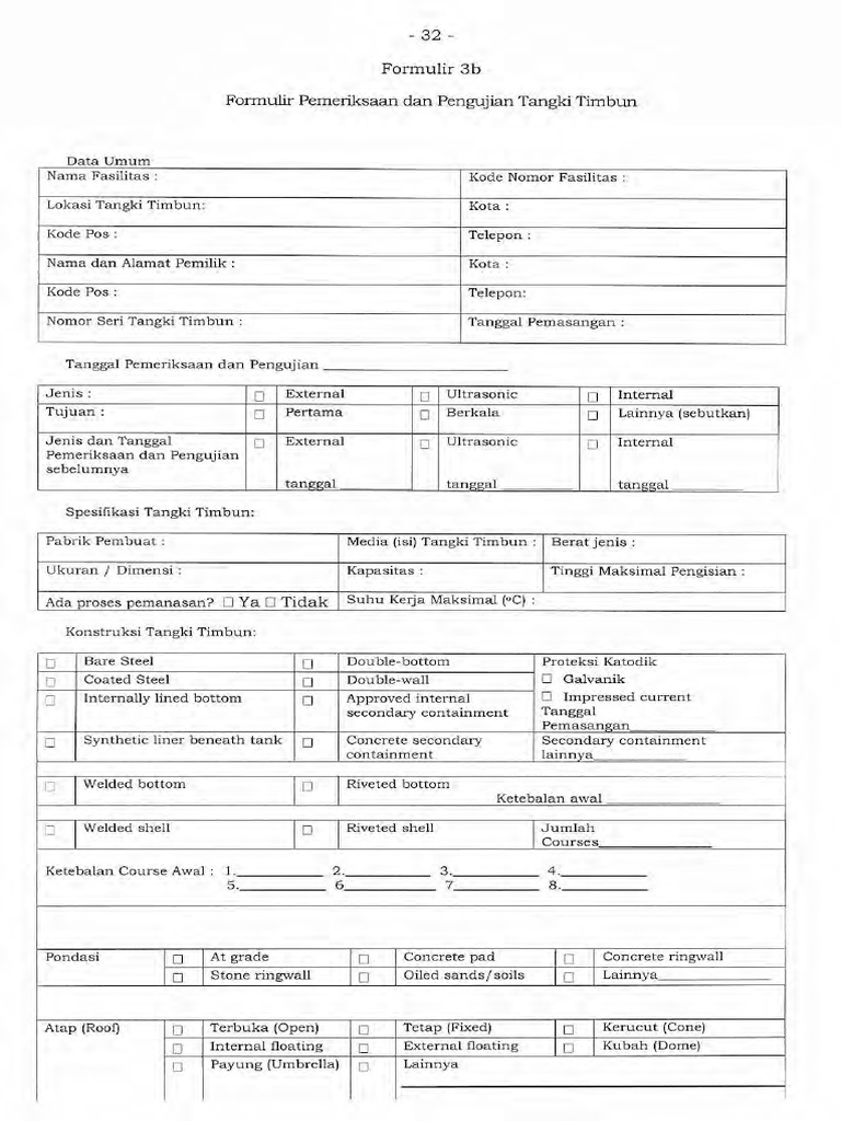Permen 37-2016 Formulir 3b Pemeriksaan Dan Pengujian Tangki Timbun | PDF