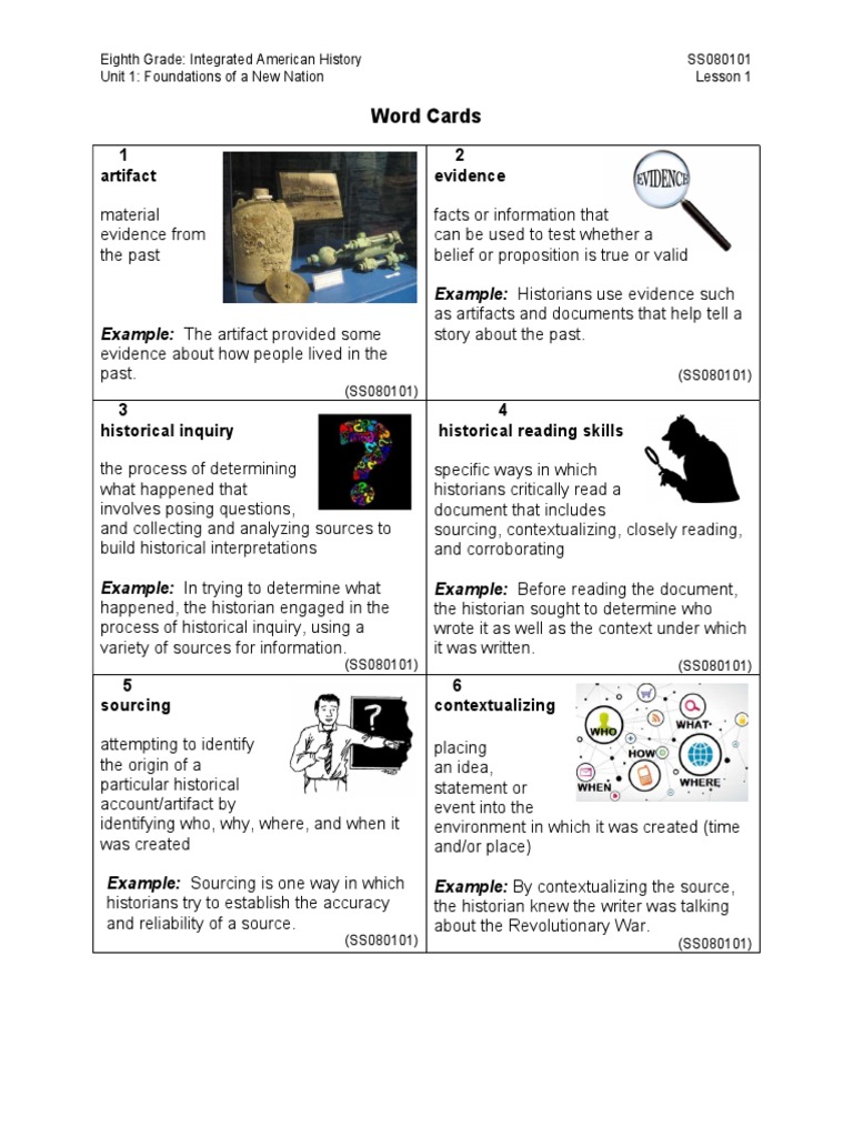 Word Cards: Eighth Grade: Integrated American History SS080101 Unit 1 ...