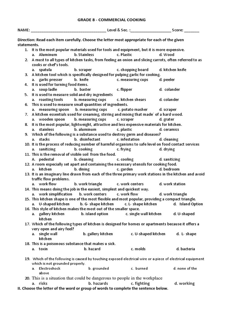Grade 8 - Commercial Cooking | PDF | Spoon | Kitchen
