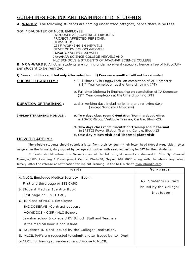 Guidelines For Inplant Training (Ipt) Students: Per Student To Be ...