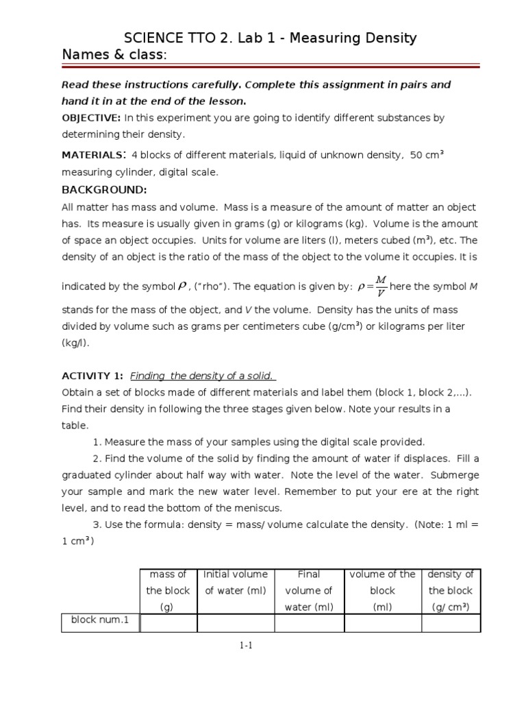 SCIENCE TTO 2. Lab 1 - Measuring Density Names & Class:: Background ...