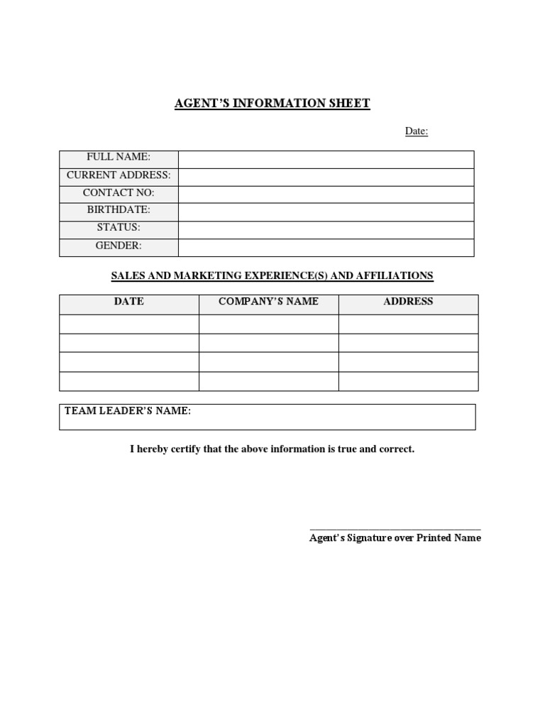 Agent'S Information Sheet: Date: Full Name: Current Address: Contact No ...