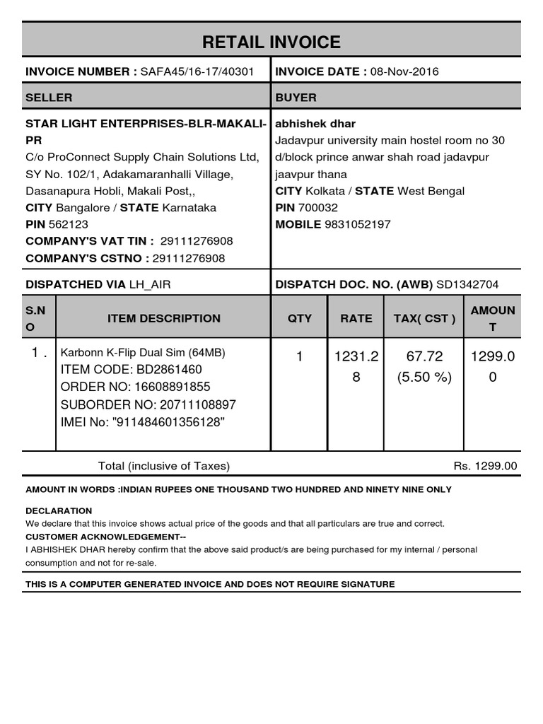 Retail Invoice: ITEM CODE: BD2861460 ORDER NO: 16608891855 SUBORDER NO ...