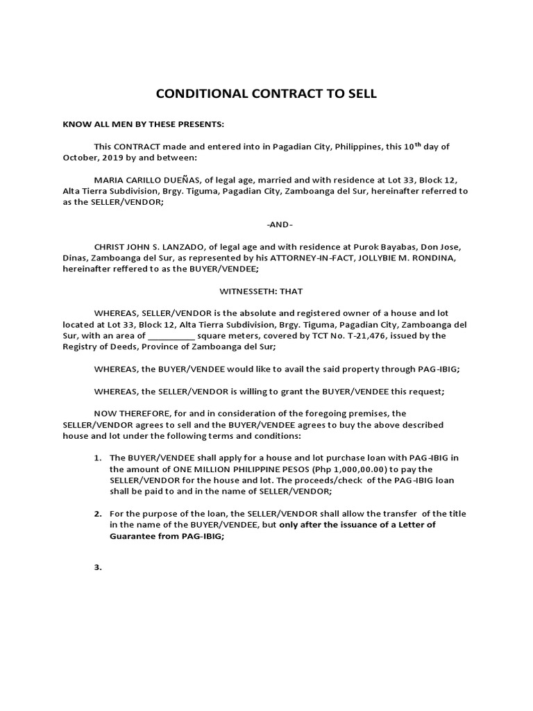 Conditional Contract To Sell | PDF | Politics | Law