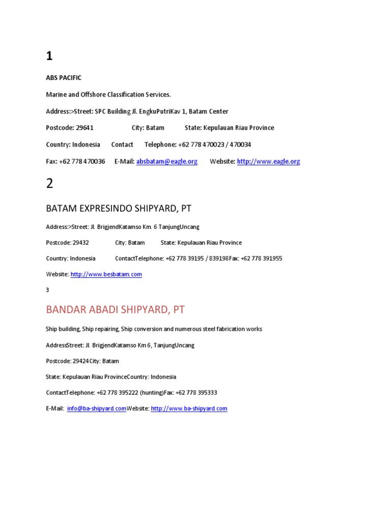 Batam Offshore and Shipyard Companies List | PDF | Shipbuilding | Ships