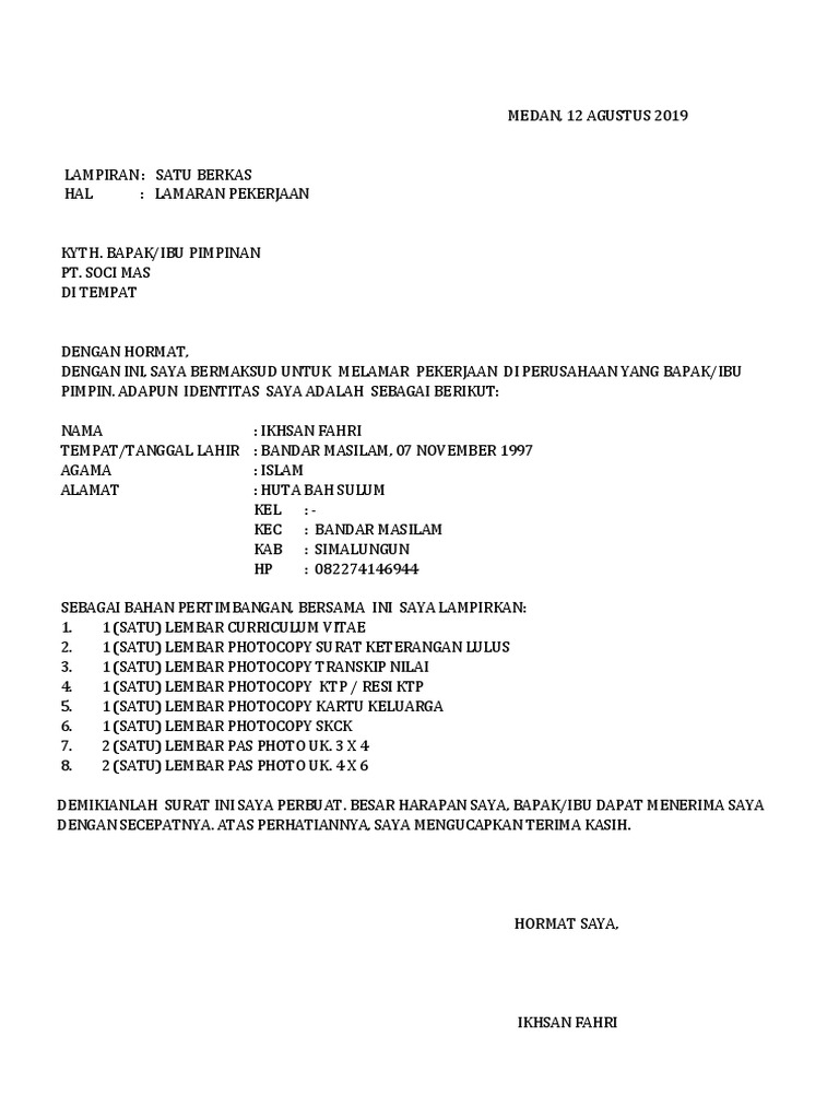 Surat Lamaran PT Soci Mas | PDF