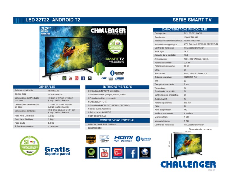 Especificaciones TV Challenger 32T22 | PDF | Hdmi | Tecnología de pantalla