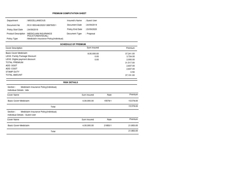 Premium Computation Sheet | PDF | Insurance Policy | Insurance