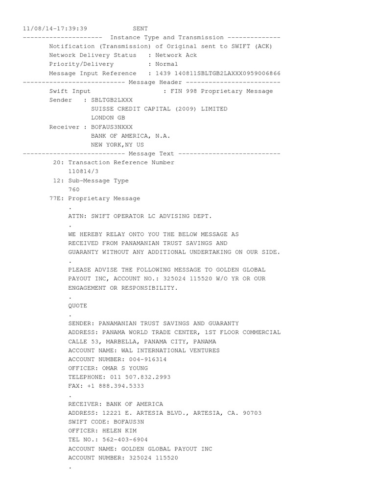 SWIFT Message To Initiate A Banking Transaction | PDF | Letter Of ...