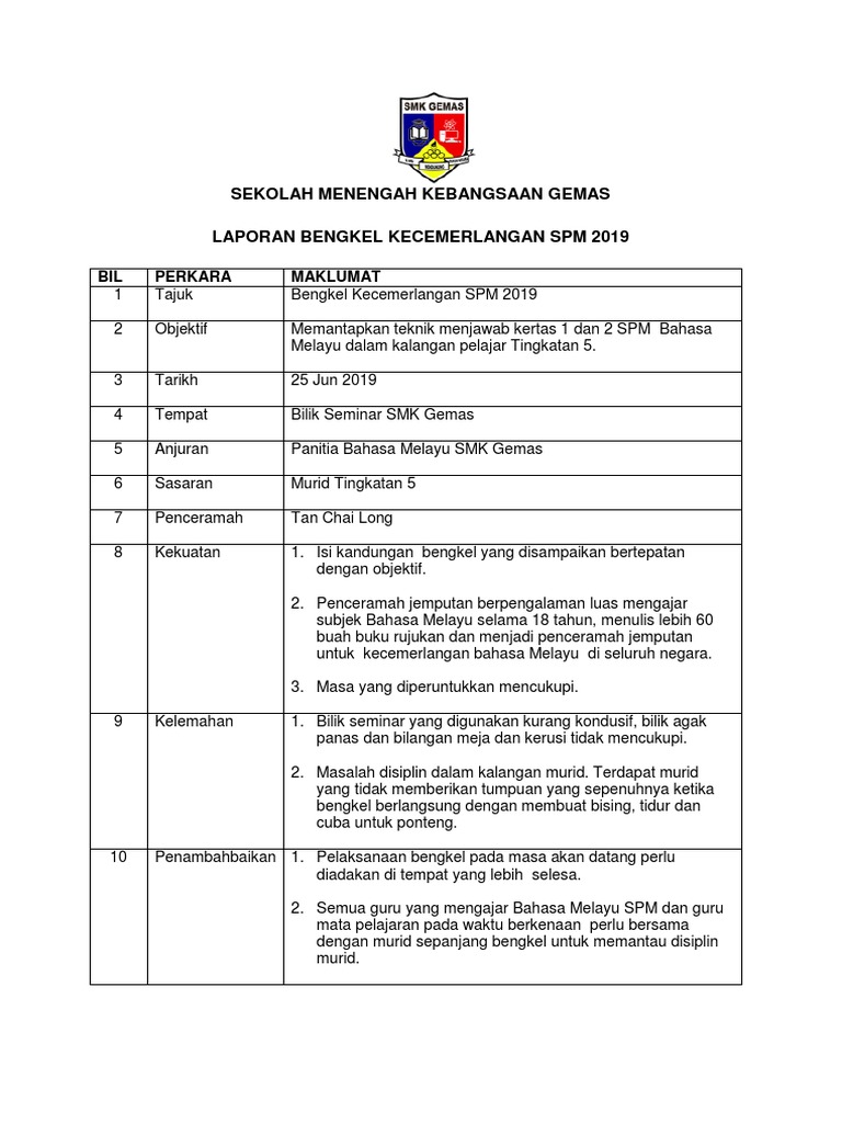 Laporan Bengkel SPM 2019 | PDF
