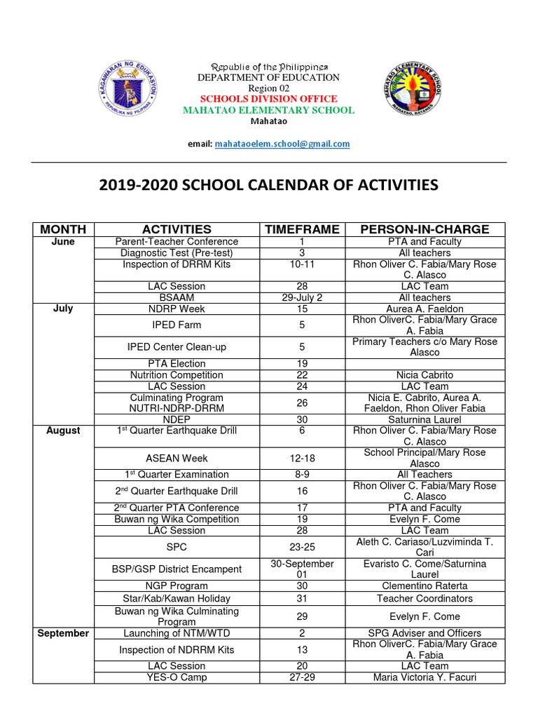 School Calendar of Activities - 2019-2020 | PDF | Learning