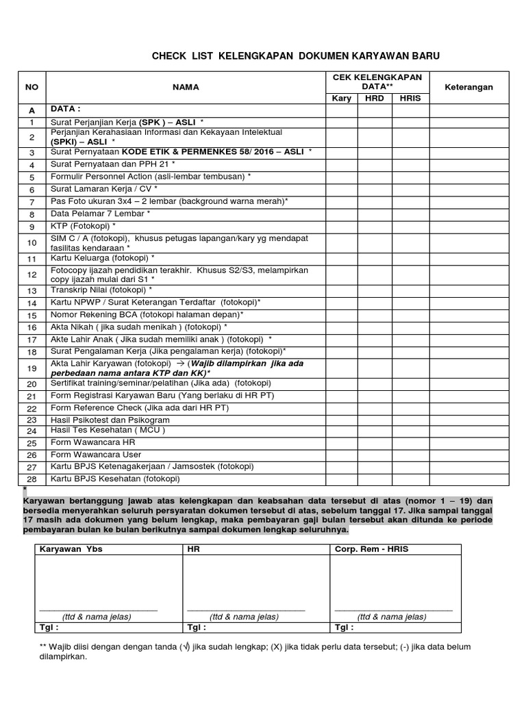 Form Checklist Kelengkapan Data Karyawan-Revised 240117 PDF | PDF