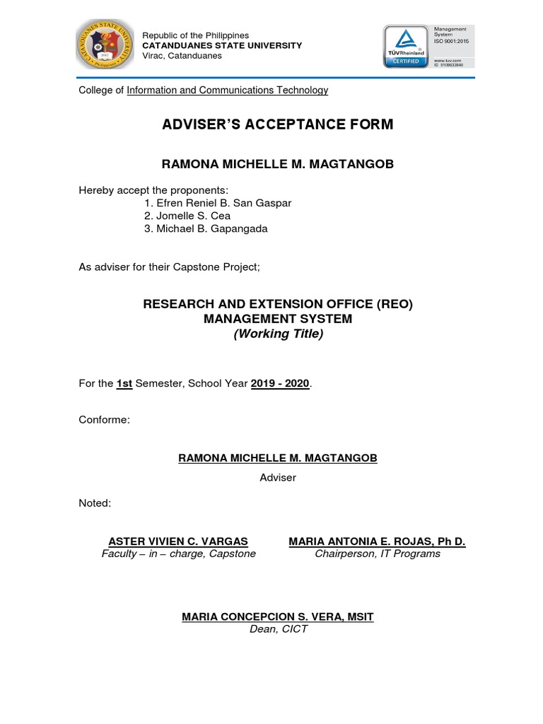 Adviser'S Acceptance Form: Ramona Michelle M. Magtangob | PDF