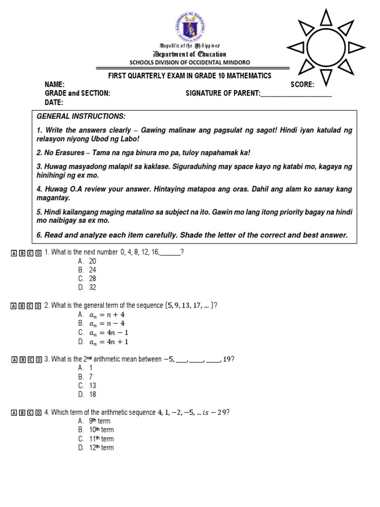 First Quarterly Exam in Grade 10 Mathematics Name: Score: Grade and ...