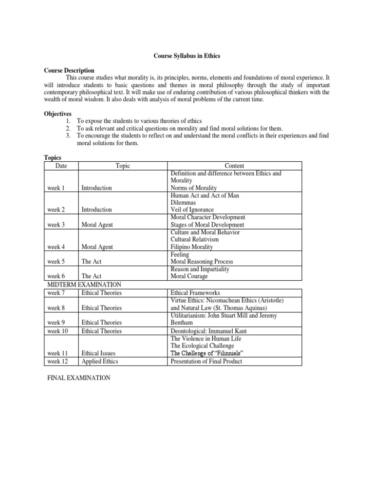 Course Syllabus in Ethics Course Description | PDF | Ethical Theories ...