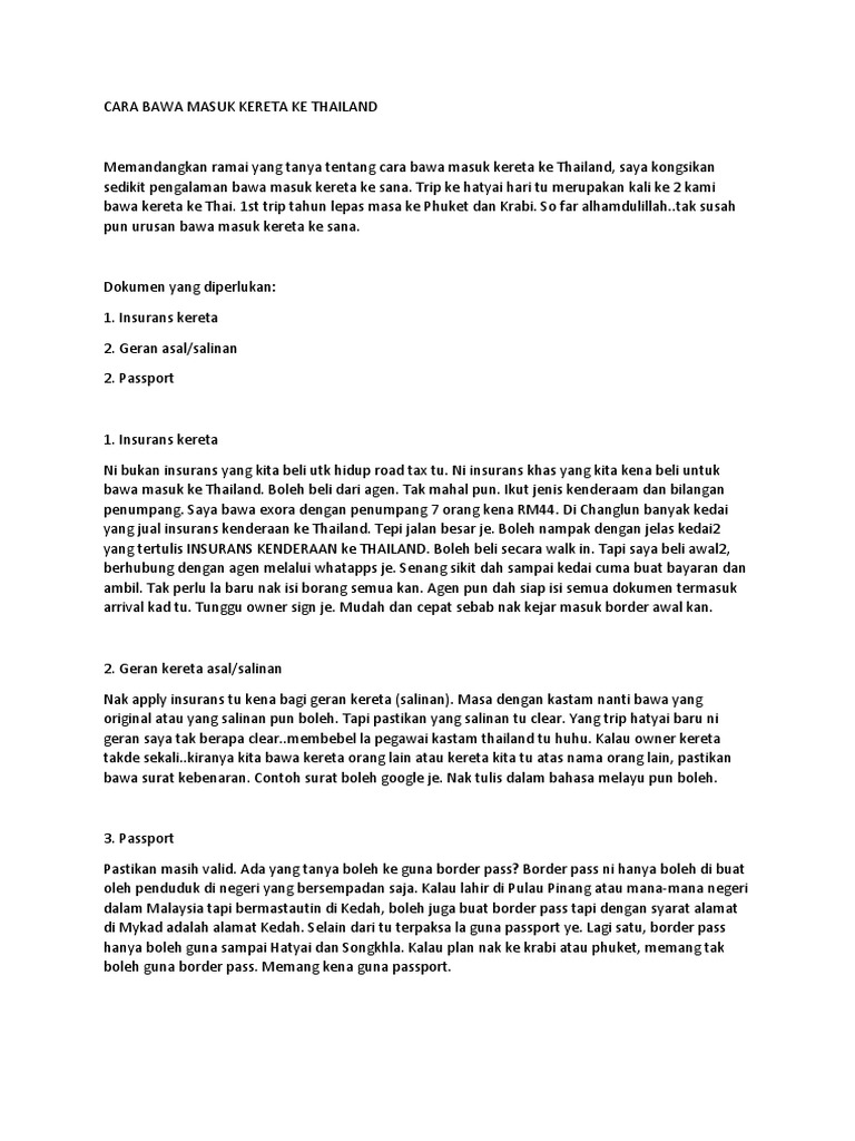 Cara Bawa Masuk Kereta Ke Thailand | PDF