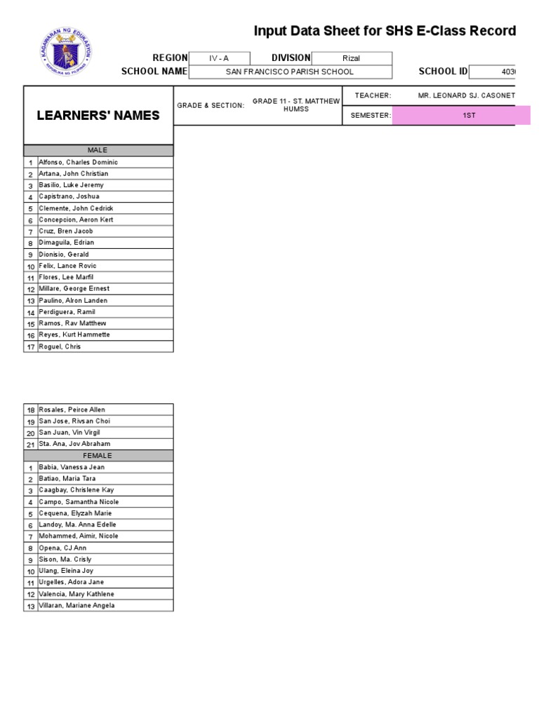 Learners' Names: Input Data Sheet For SHS E-Class Record | PDF