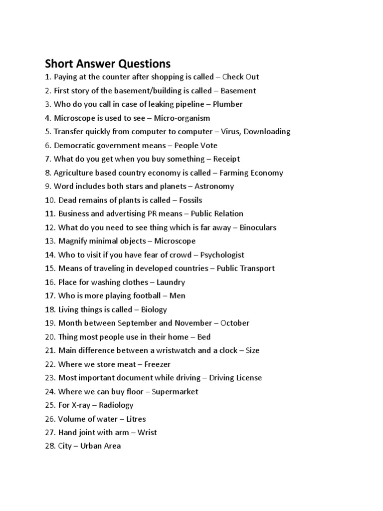 Short Answer Questions | PDF