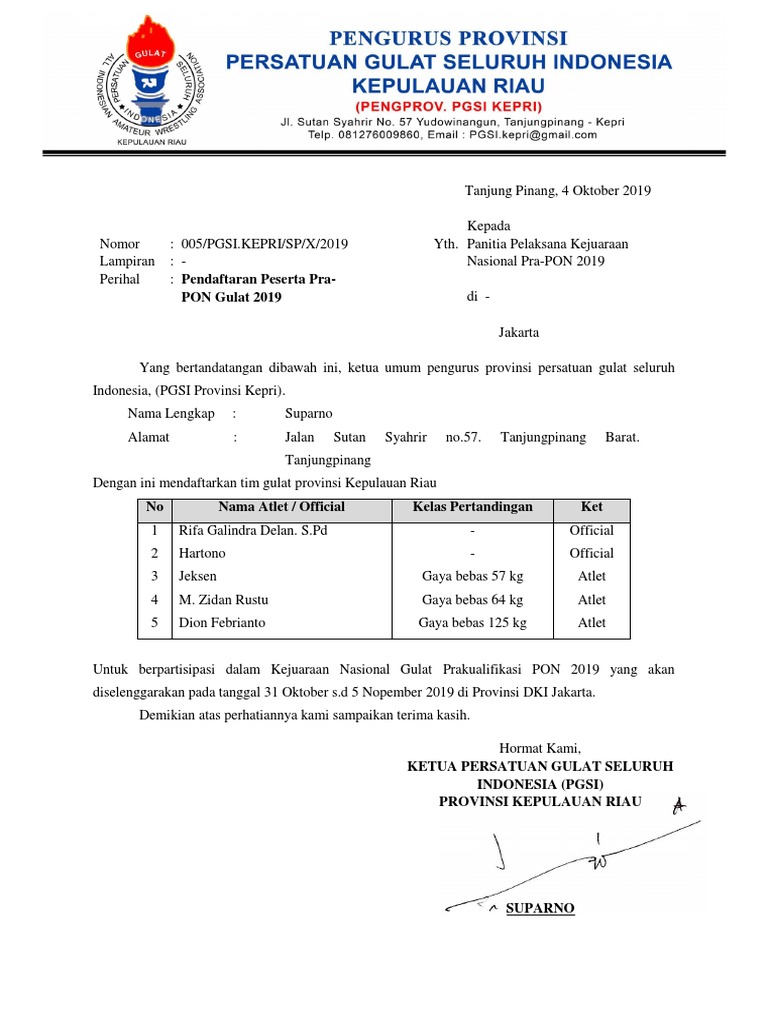 Surat Mengikuti Prapon Gulat | PDF