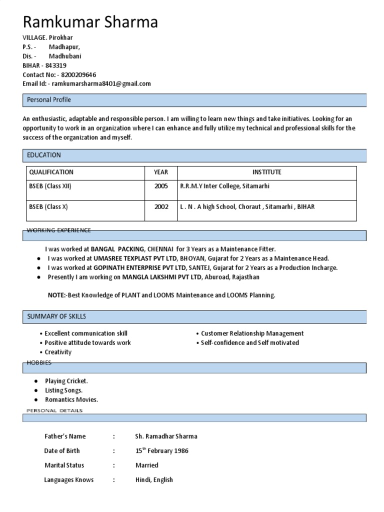 Ramkumar Sharma: Maintenance Expert Resume | PDF