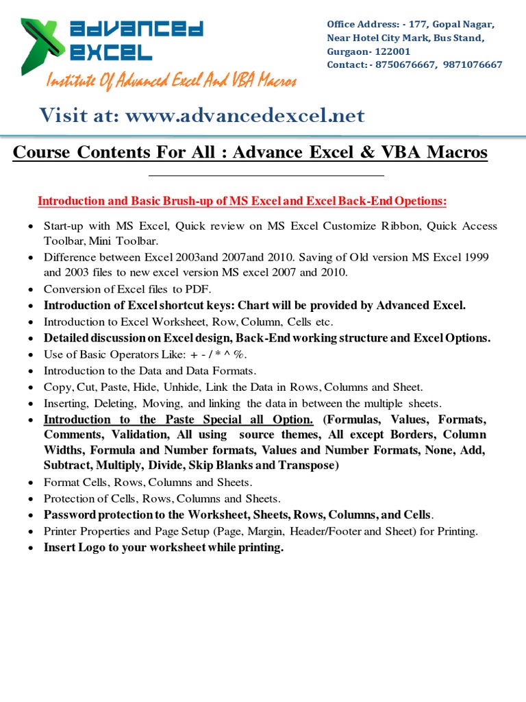 Course Content Advanced Excel Course Contents | PDF | Microsoft Excel | Macro (Computer Science)