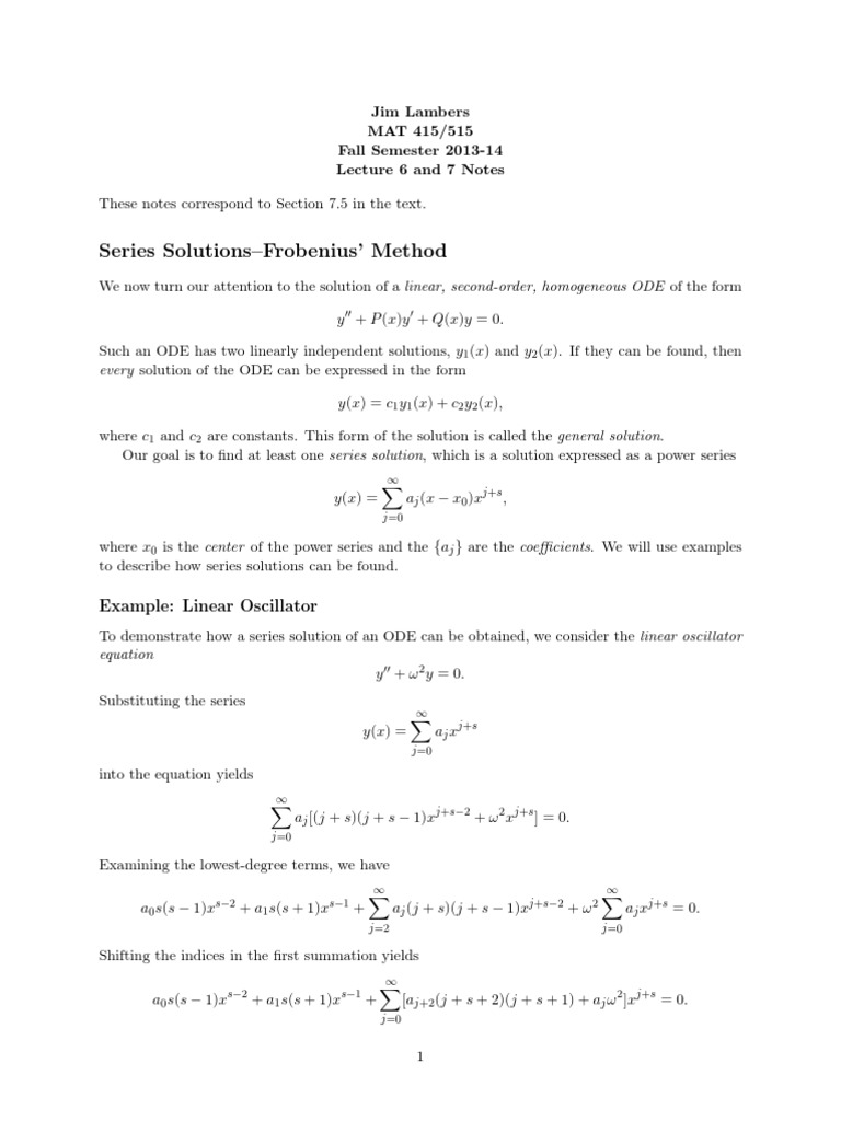 Series Solutions-Frobenius' Method: Example: Linear Oscillator | PDF ...