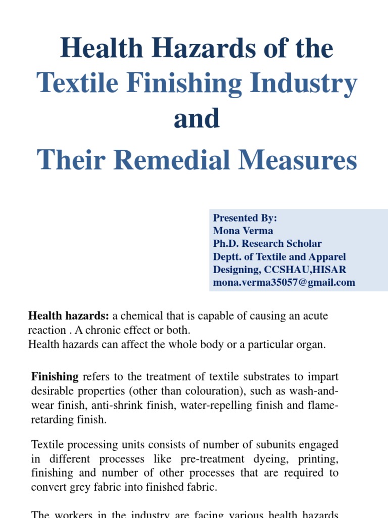 Health Hazards of The And: Textile Finishing Industry Their Remedial ...