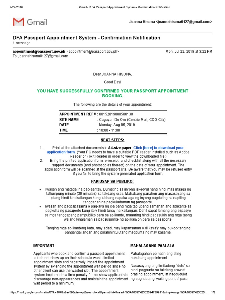 Gmail - DFA Passport Appointment System - Confirmation Notification ...